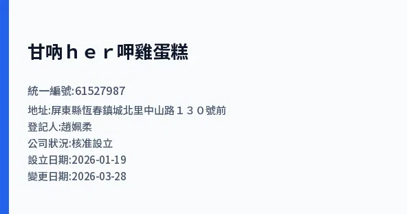 甘吶her呷雞蛋糕的照片-統編 61527987(屏東縣) 公司登記資料與營業項目詳細圖表