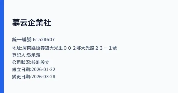 慕云企業社的照片-統編 61528607(屏東縣) 公司登記資料與營業項目詳細圖表