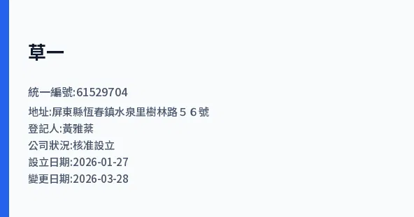 草一的照片-統編 61529704(屏東縣) 公司登記資料與營業項目詳細圖表