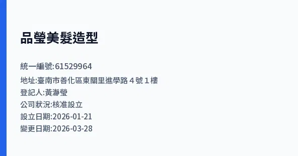 品瑩美髮造型的照片-統編 61529964(臺南市) 公司登記資料與營業項目詳細圖表