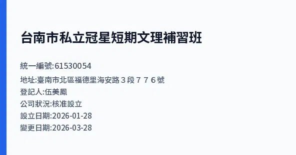 台南市私立冠星短期文理補習班的照片-統編 61530054(臺南市) 公司登記資料與營業項目詳細圖表