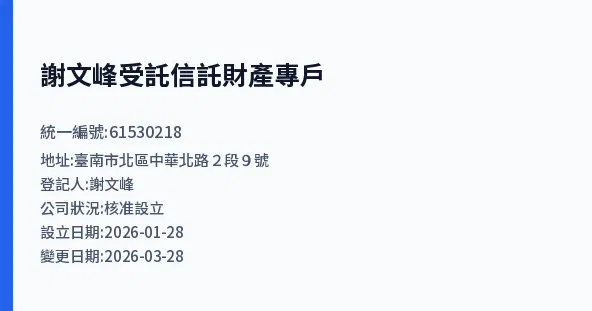 謝文峰受託信託財產專戶的照片-統編 61530218(臺南市) 公司登記資料與營業項目詳細圖表