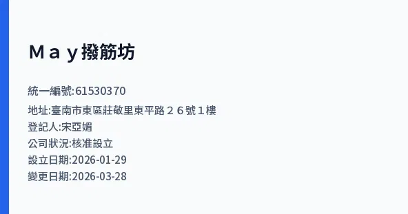 May撥筋坊的照片-統編 61530370(臺南市) 公司登記資料與營業項目詳細圖表