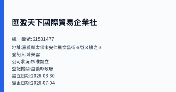匯盈天下國際貿易企業社的照片-統編 61531477(嘉義縣) 公司登記資料與營業項目詳細圖表