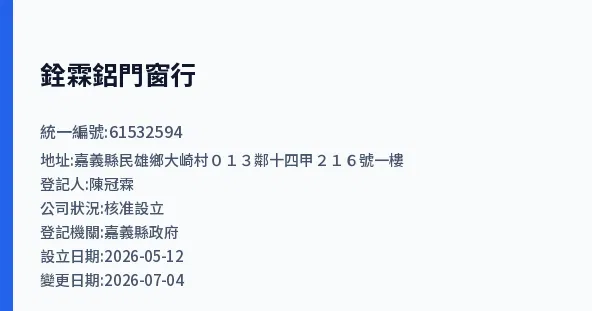 銓霖鋁門窗行的照片-統編 61532594(嘉義縣) 公司登記資料與營業項目詳細圖表