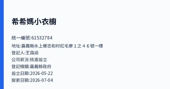 希希媽小衣櫥的照片-統編 61532784(嘉義縣) 公司登記資料與營業項目詳細圖表