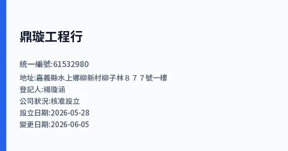 鼎璇工程行的照片-統編 61532980(嘉義縣) 公司登記資料與營業項目詳細圖表