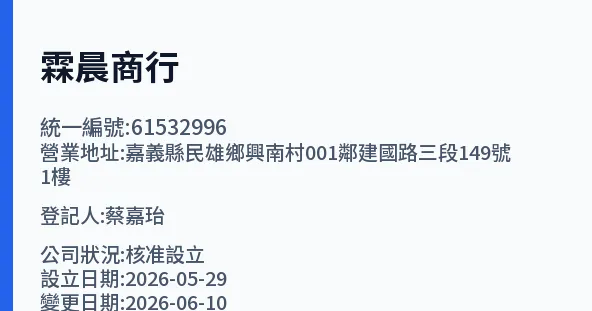 霖晨商行的照片-統編 61532996(嘉義縣) 公司登記資料與營業項目詳細圖表