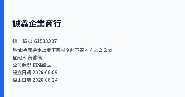 誠鑫企業商行的照片-統編 61533307(嘉義縣) 公司登記資料與營業項目詳細圖表