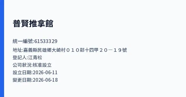 普賢推拿館的照片-統編 61533329(嘉義縣) 公司登記資料與營業項目詳細圖表