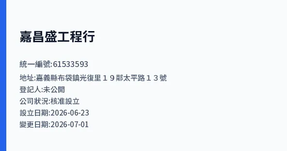 嘉昌盛工程行的照片-統編 61533593(嘉義縣) 公司登記資料與營業項目詳細圖表