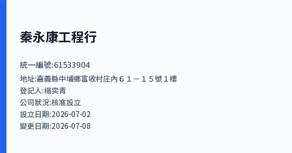 秦永康工程行的照片-統編 61533904(嘉義縣) 公司登記資料與營業項目詳細圖表