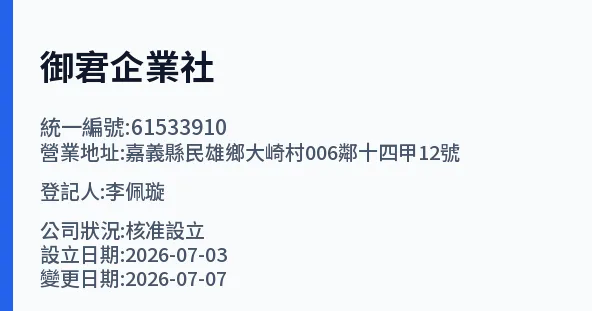 御宭企業社的照片-統編 61533910(嘉義縣) 公司登記資料與營業項目詳細圖表