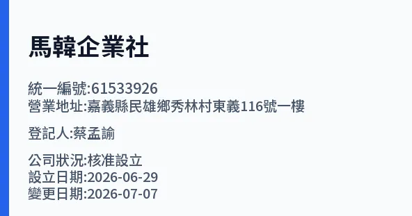 馬韓企業社的照片-統編 61533926(嘉義縣) 公司登記資料與營業項目詳細圖表