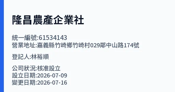 隆昌農產企業社的照片-統編 61534143(嘉義縣) 公司登記資料與營業項目詳細圖表