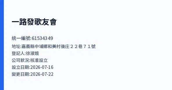 一路發歌友會的照片-統編 61534349(嘉義縣) 公司登記資料與營業項目詳細圖表