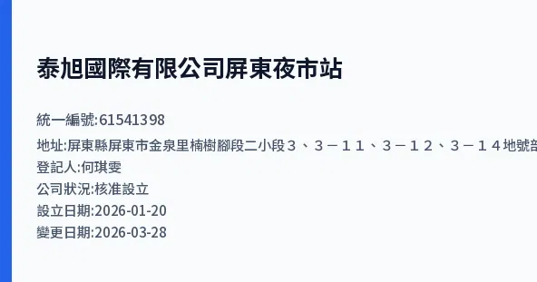 泰旭國際有限公司屏東夜市站的照片-統編 61541398(屏東縣) 公司登記資料與營業項目詳細圖表