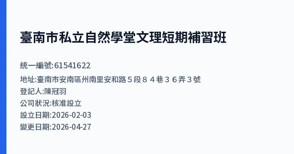 臺南市私立自然學堂文理短期補習班的照片-統編 61541622(臺南市) 公司登記資料與營業項目詳細圖表