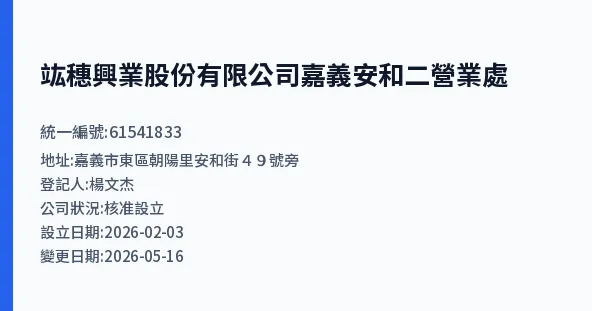 竑穗興業股份有限公司嘉義安和二營業處的照片-統編 61541833(嘉義市) 公司登記資料與營業項目詳細圖表