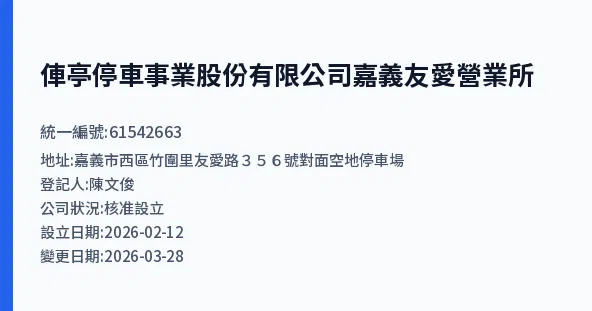 俥亭停車事業股份有限公司嘉義友愛營業所的照片-統編 61542663(嘉義市) 公司登記資料與營業項目詳細圖表