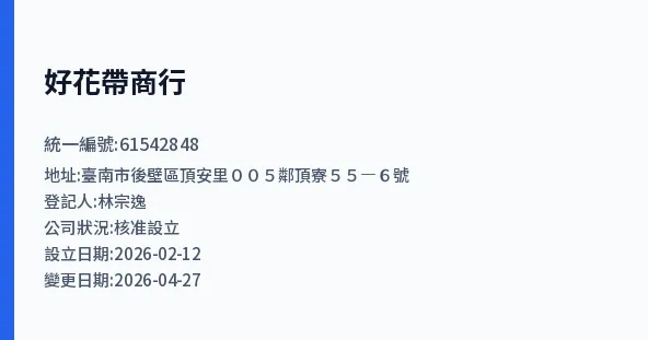 好花帶商行的照片-統編 61542848(臺南市) 公司登記資料與營業項目詳細圖表