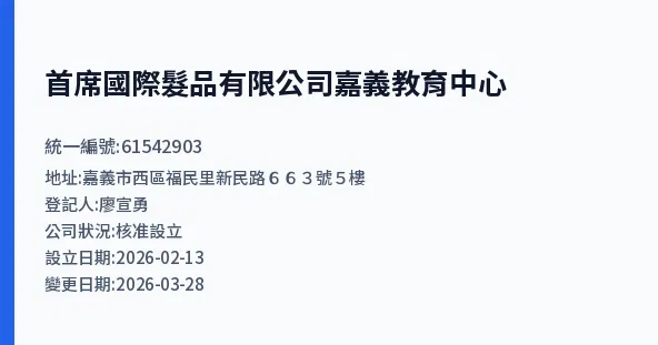 首席國際髮品有限公司嘉義教育中心的照片-統編 61542903(嘉義市) 公司登記資料與營業項目詳細圖表
