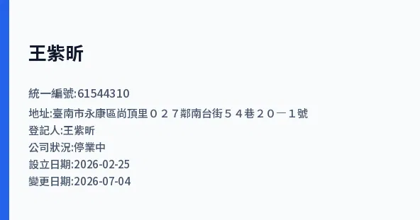 王紫昕的照片-統編 61544310(臺南市) 公司登記資料與營業項目詳細圖表
