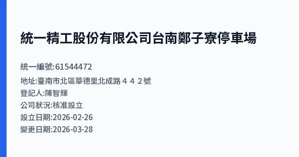 統一精工股份有限公司台南鄭子寮停車場的照片-統編 61544472(臺南市) 公司登記資料與營業項目詳細圖表