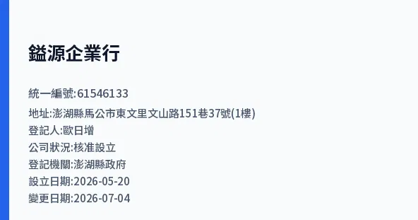 鎰源企業行的照片-統編 61546133(澎湖縣) 公司登記資料與營業項目詳細圖表