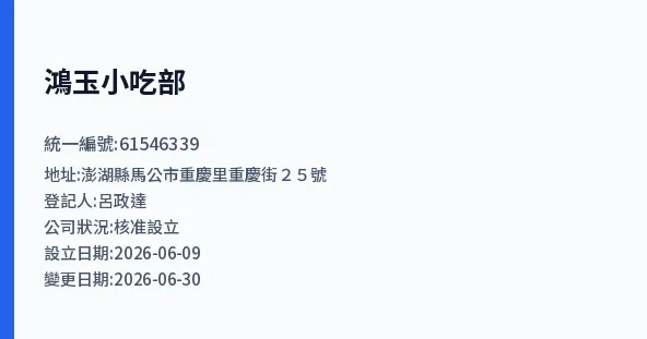 鴻玉小吃部的照片-統編 61546339(澎湖縣) 公司登記資料與營業項目詳細圖表