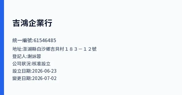吉鴻企業行的照片-統編 61546485(澎湖縣) 公司登記資料與營業項目詳細圖表