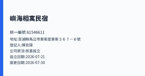 嶼海相寓民宿的照片-統編 61546611(澎湖縣) 公司登記資料與營業項目詳細圖表
