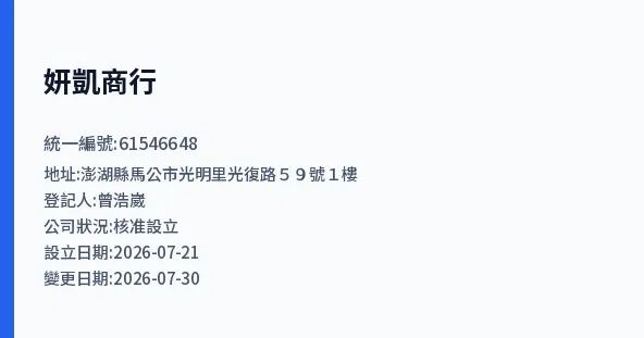 妍凱商行的照片-統編 61546648(澎湖縣) 公司登記資料與營業項目詳細圖表