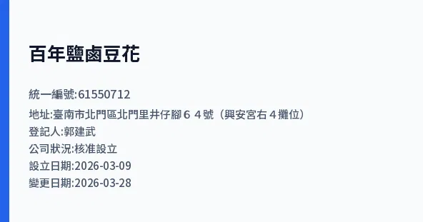 百年鹽鹵豆花的照片-統編 61550712(臺南市) 公司登記資料與營業項目詳細圖表
