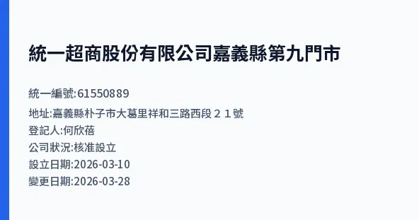 統一超商股份有限公司嘉義縣第九門市的照片-統編 61550889(嘉義縣) 公司登記資料與營業項目詳細圖表