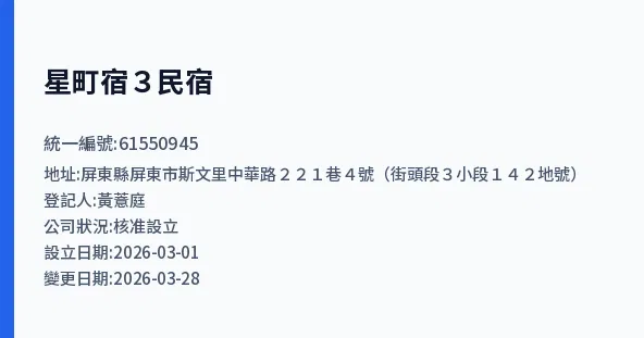 星町宿3民宿的照片-統編 61550945(屏東縣) 公司登記資料與營業項目詳細圖表