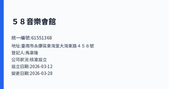 58音樂會館的照片-統編 61551368(臺南市) 公司登記資料與營業項目詳細圖表