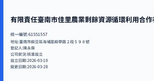 有限責任臺南市佳里農業剩餘資源循環利用合作社的照片-統編 61551557(臺南市) 公司登記資料與營業項目詳細圖表