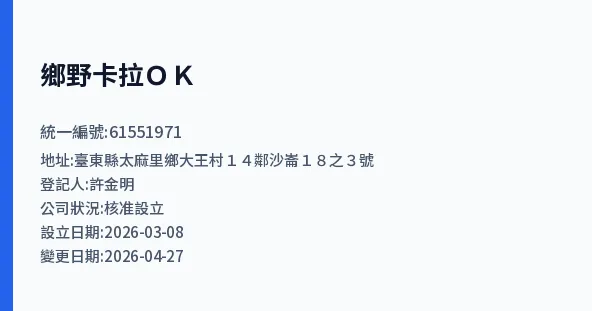 鄉野卡拉OK的照片-統編 61551971(臺東縣) 公司登記資料與營業項目詳細圖表