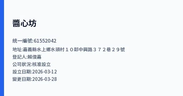 醬心坊的照片-統編 61552042(嘉義縣) 公司登記資料與營業項目詳細圖表