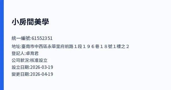 小房間美學的照片-統編 61552351(臺南市) 公司登記資料與營業項目詳細圖表