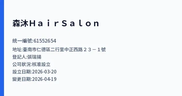 森沐Hair Salon的照片-統編 61552654(臺南市) 公司登記資料與營業項目詳細圖表