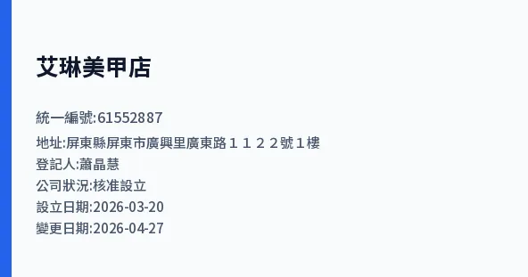 艾琳美甲店的照片-統編 61552887(屏東縣) 公司登記資料與營業項目詳細圖表
