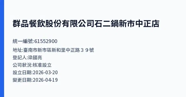 群品餐飲股份有限公司石二鍋新市中正店的照片-統編 61552900(臺南市) 公司登記資料與營業項目詳細圖表