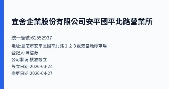 宜舍企業股份有限公司安平國平北路營業所的照片-統編 61552937(臺南市) 公司登記資料與營業項目詳細圖表