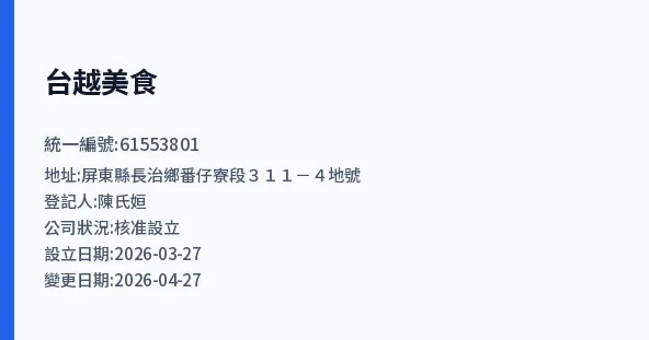 台越美食的照片-統編 61553801(屏東縣) 公司登記資料與營業項目詳細圖表