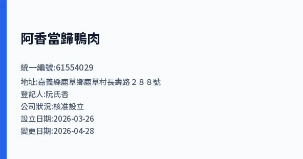 阿香當歸鴨肉的照片-統編 61554029(嘉義縣) 公司登記資料與營業項目詳細圖表
