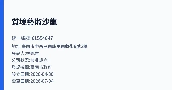 質境藝術沙龍的照片-統編 61554647(臺南市) 公司登記資料與營業項目詳細圖表