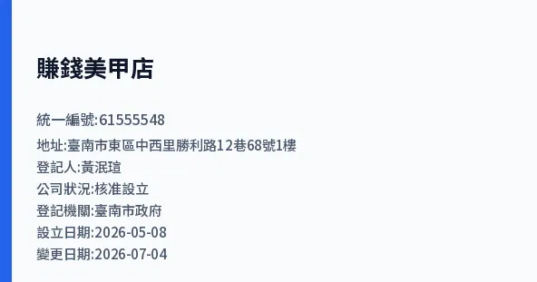 賺錢美甲店的照片-統編 61555548(臺南市) 公司登記資料與營業項目詳細圖表