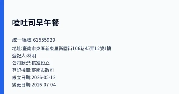 嗑吐司早午餐的照片-統編 61555929(臺南市) 公司登記資料與營業項目詳細圖表